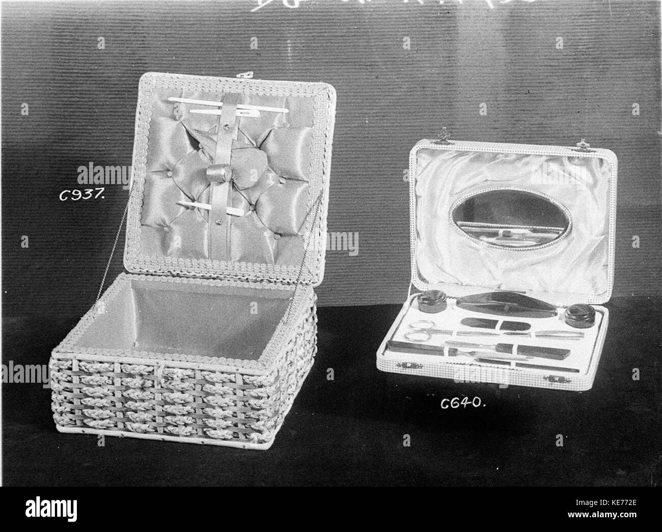 This advertisement showcases a manicure set and a sewing basket ...