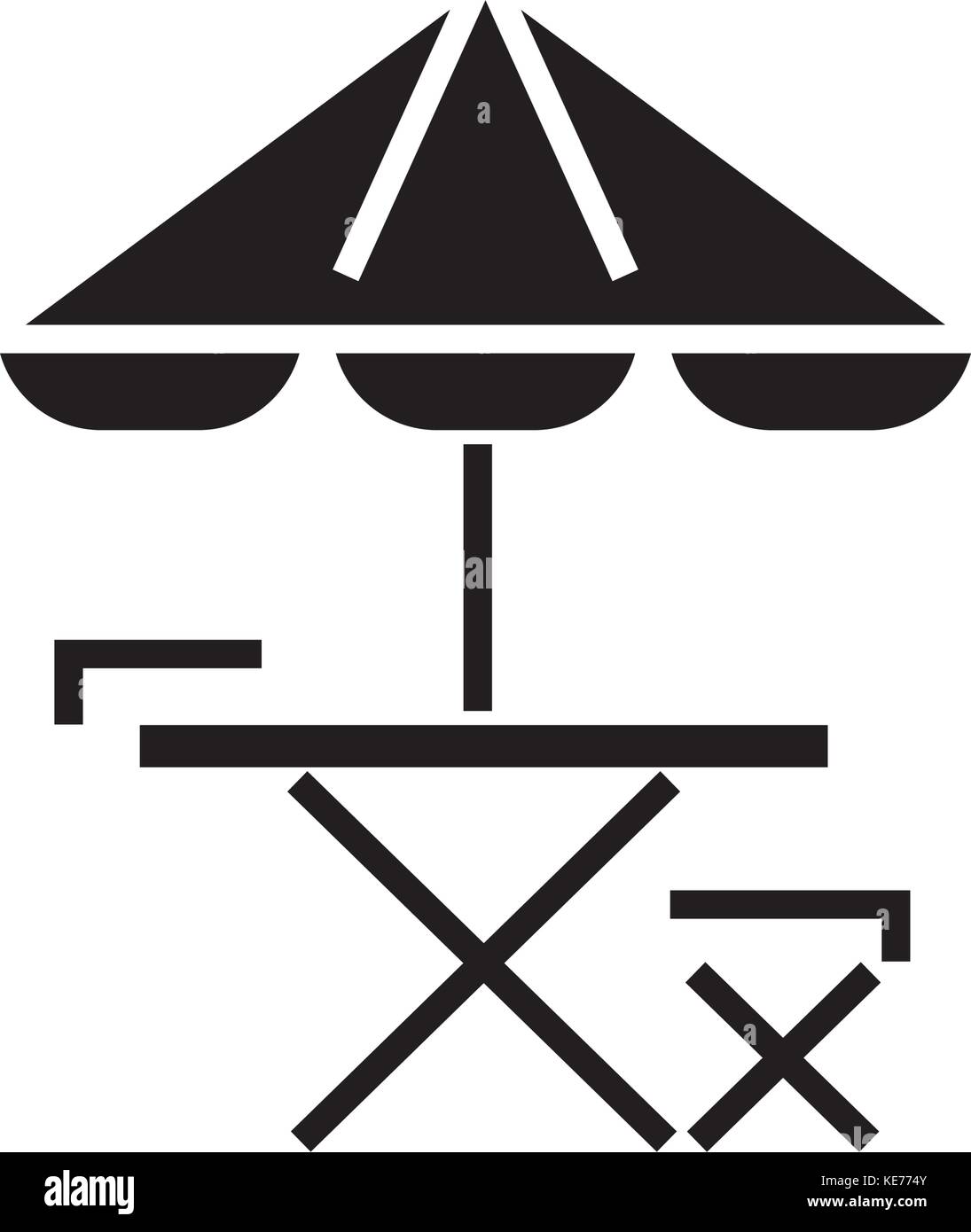 table, chair and sun umbrella icon, vector illustration, black sign on ...