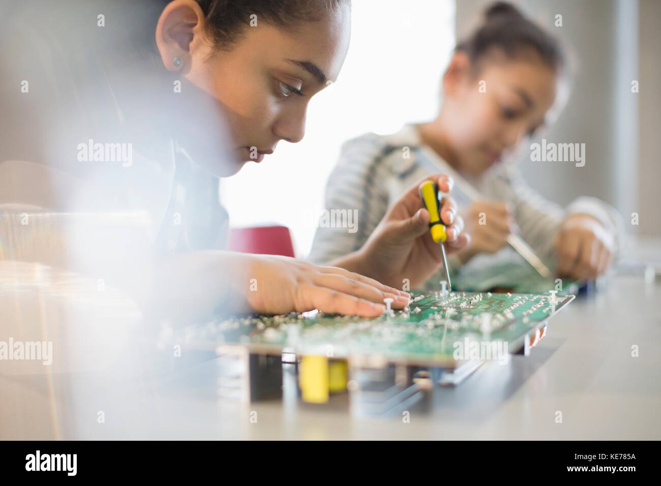Focused girl student assembling circuit board in classroom Stock Photo ...