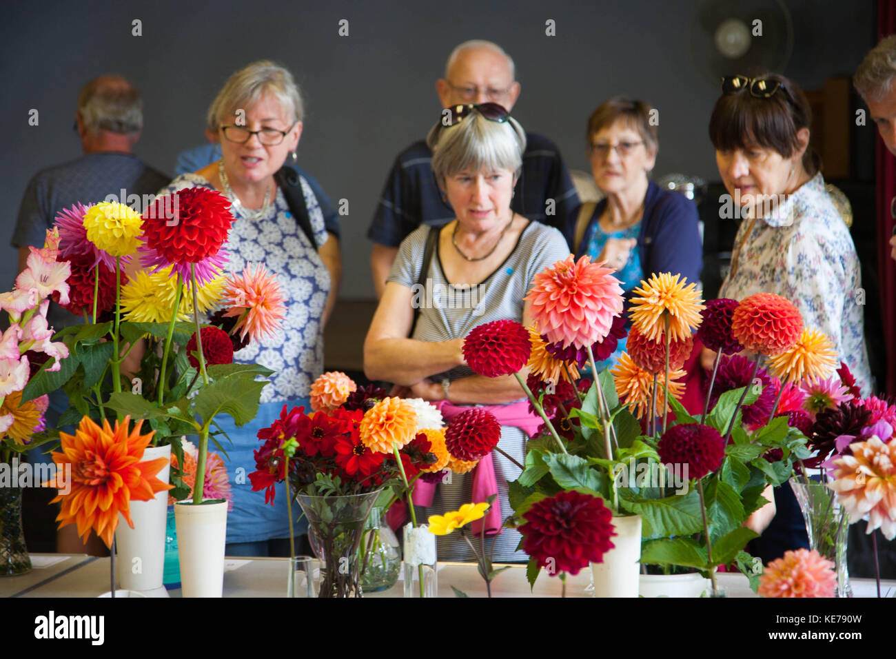 The Village Flower Show - visitors admiring prize-winning Dahlias Stock ...