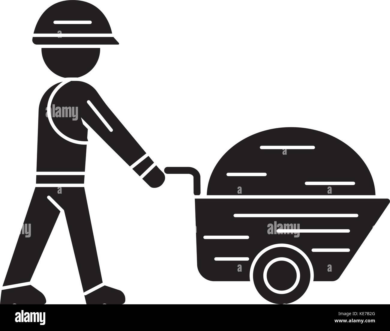 worker builder with wheelbarrow icon, vector illustration, black sign ...