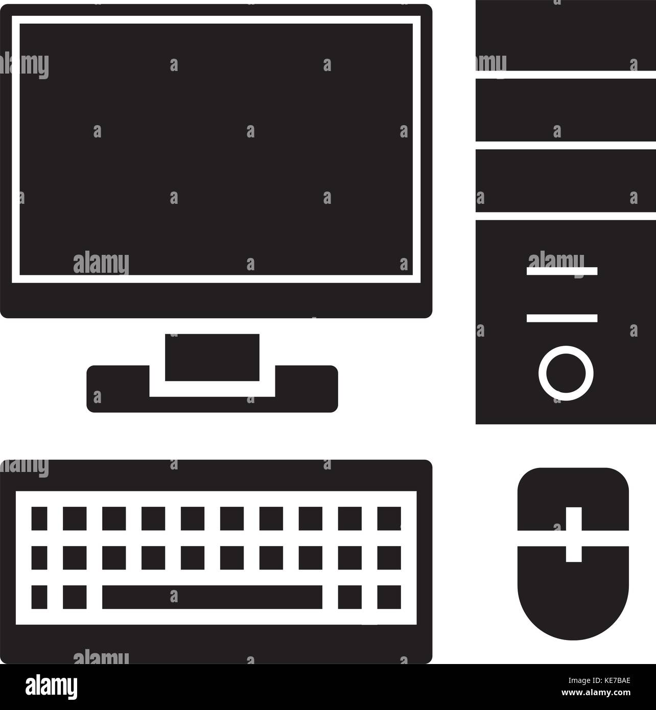 personal computer - monitor keyboard mouse system block icon, vector ...