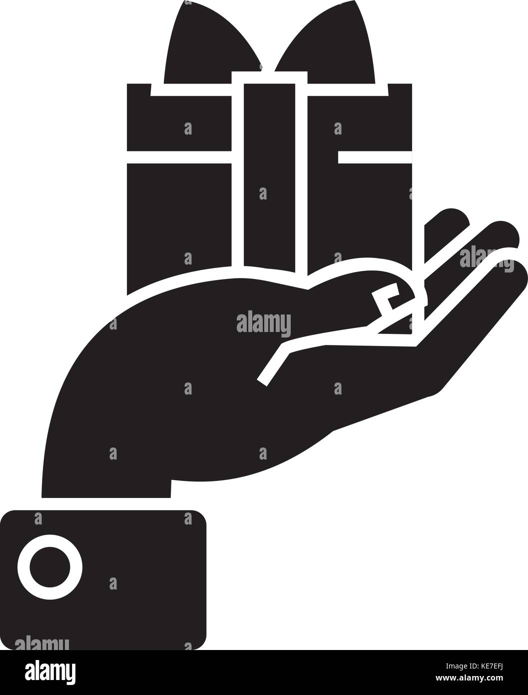 hand with gift icon, vector illustration, black sign on isolated ...