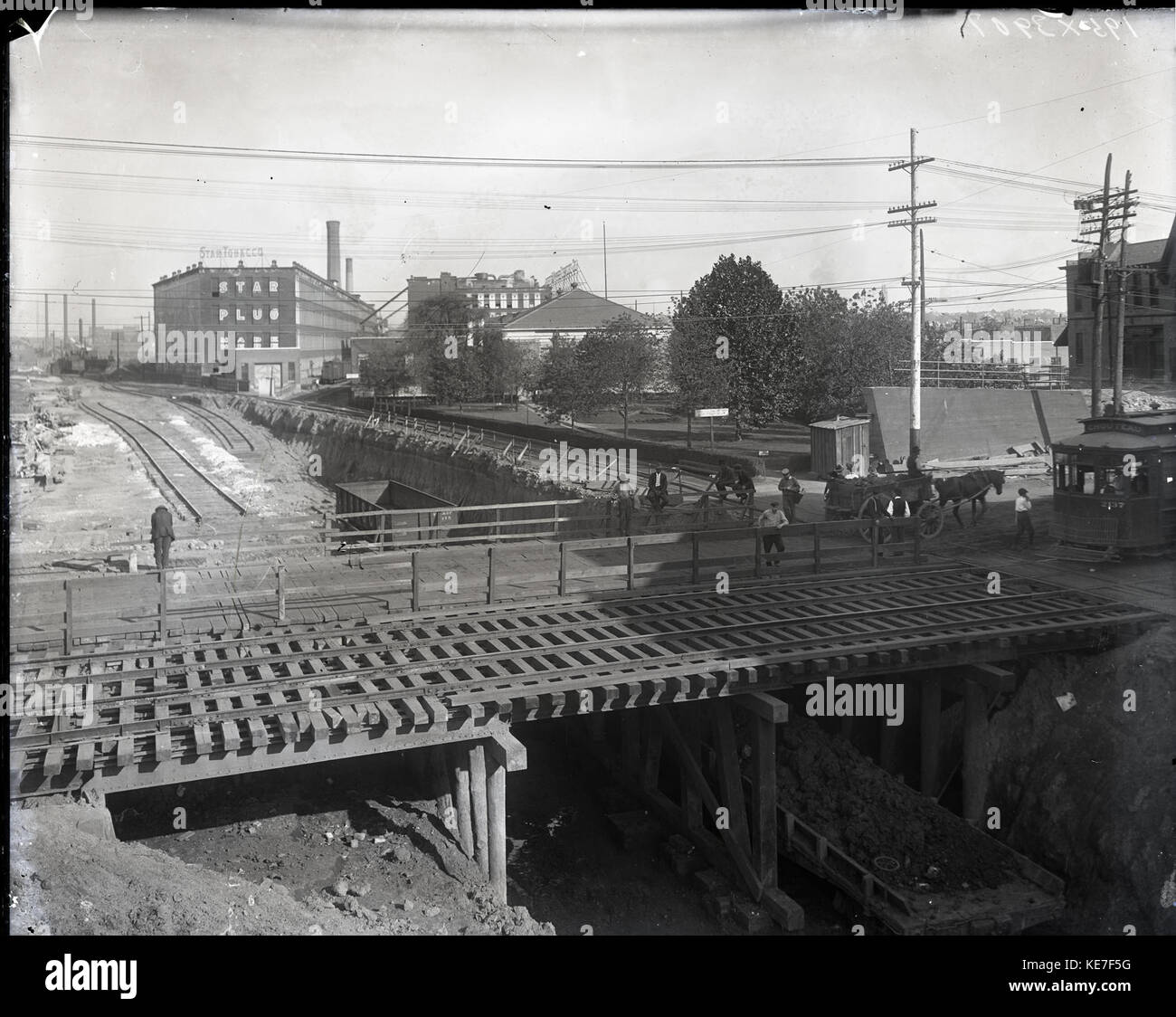 View of a bridge crossing over partially constructed Frisco Railroad ...