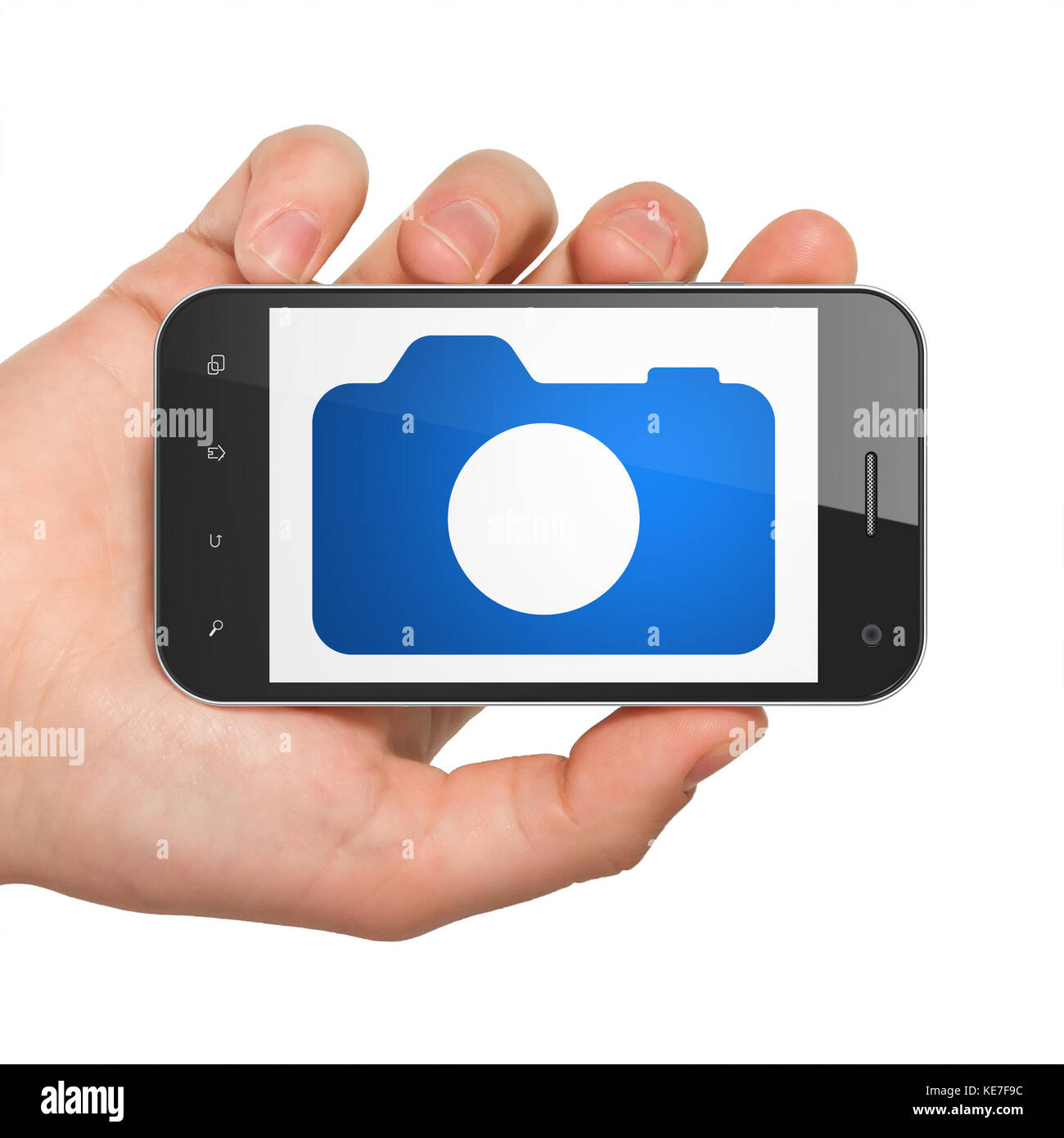 Travel concept: Hand Holding Smartphone with Photo Camera on display ...