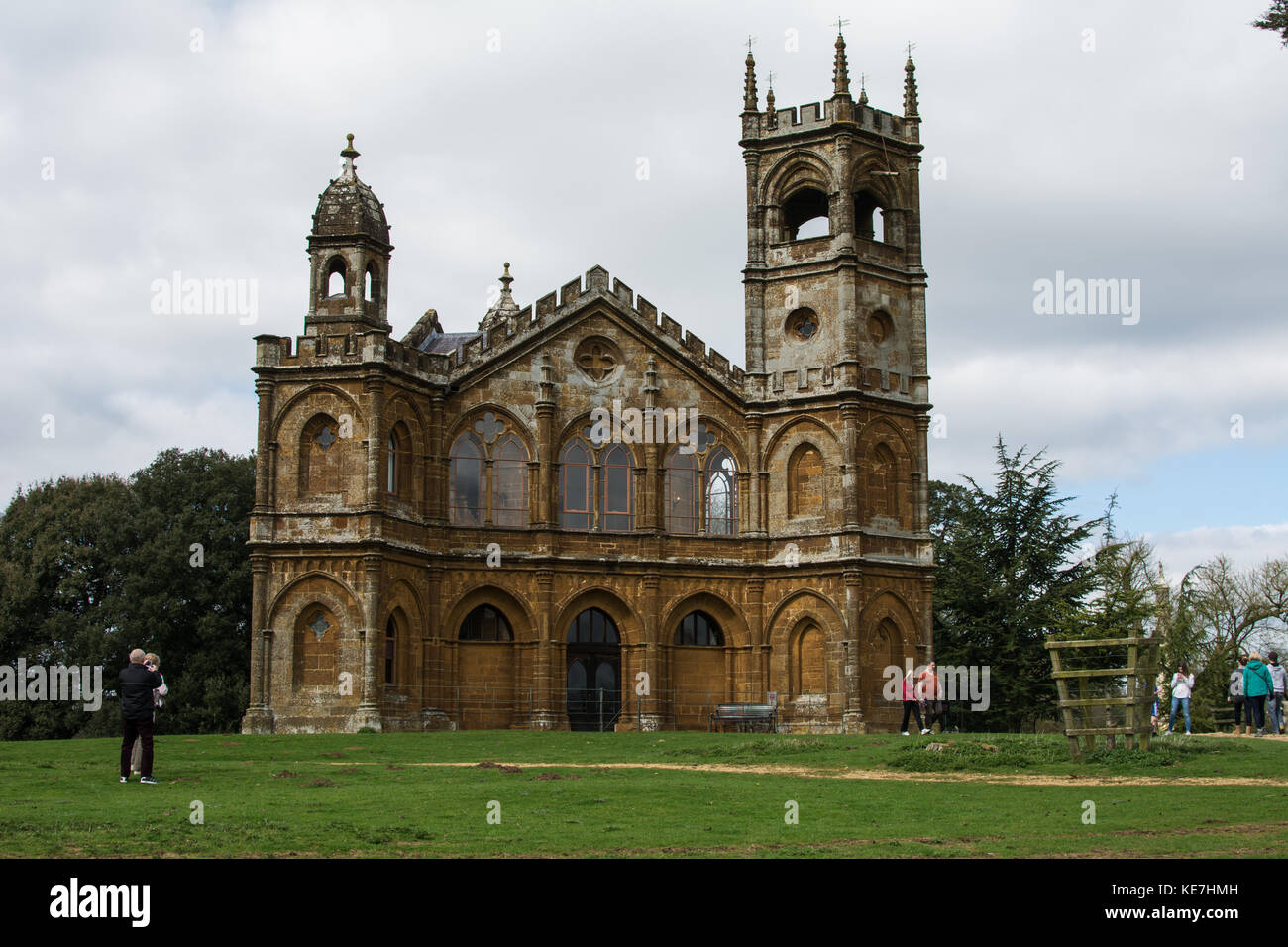 Gothic temple at Stowe landscape gardens Northamptonshire with tower ...