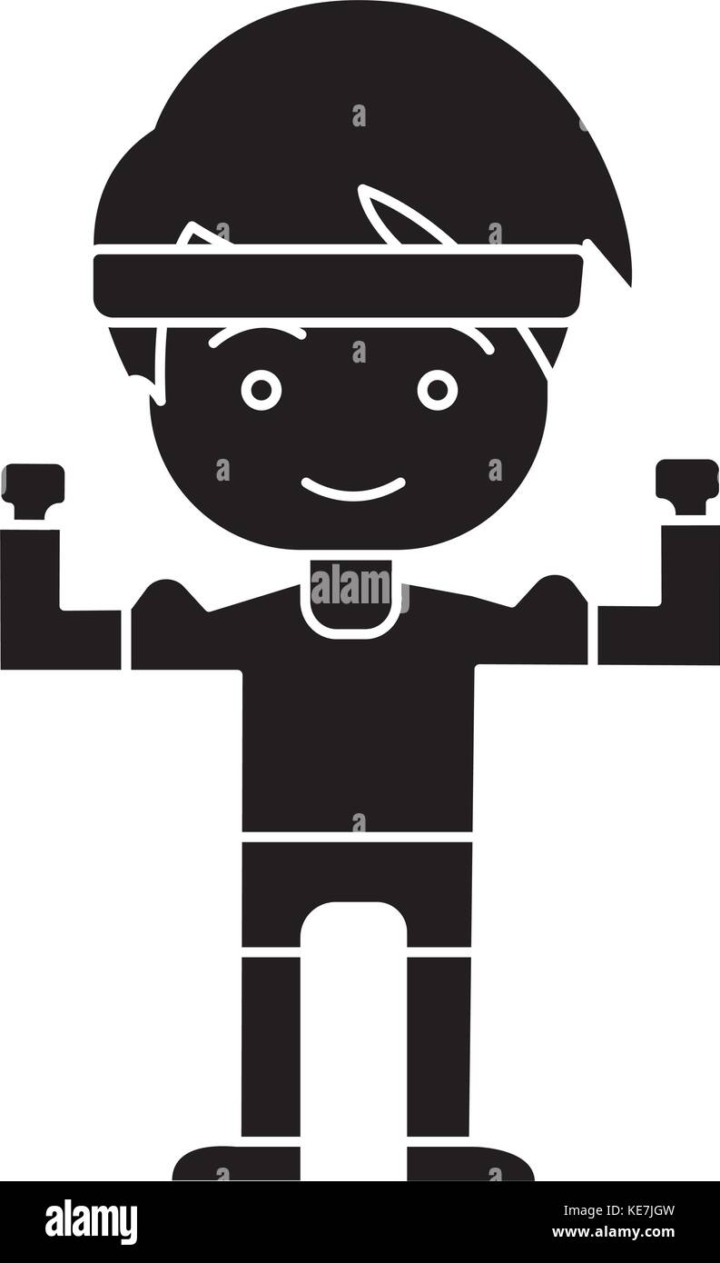 man boy strong - hands up icon, vector illustration, black sign on ...
