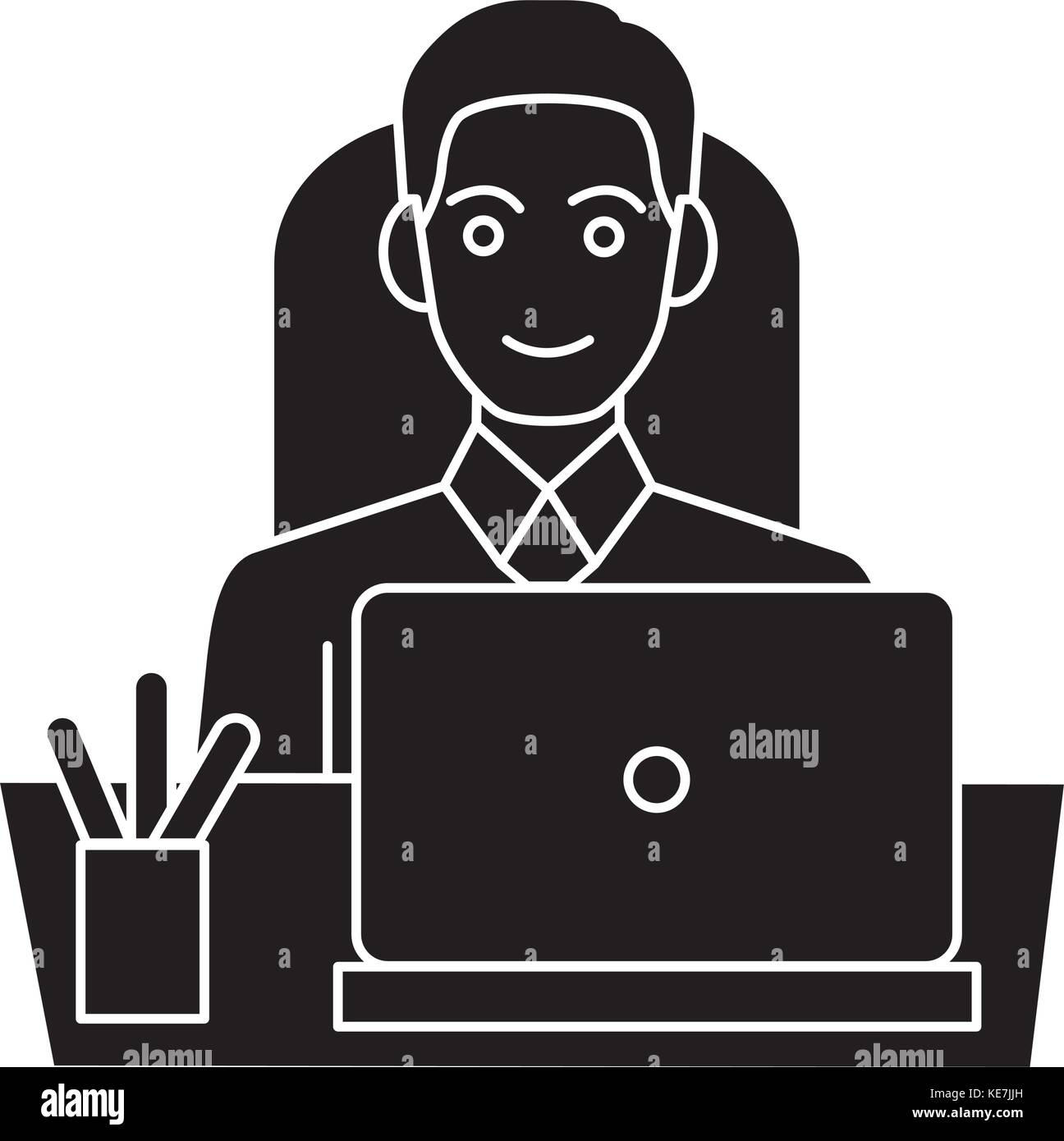 man businessman in office at table with laptop front view icon, vector ...