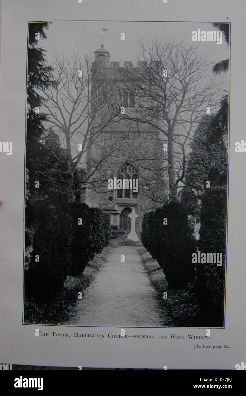 This photograph, published in 1909, shows the tower of Harlington ...