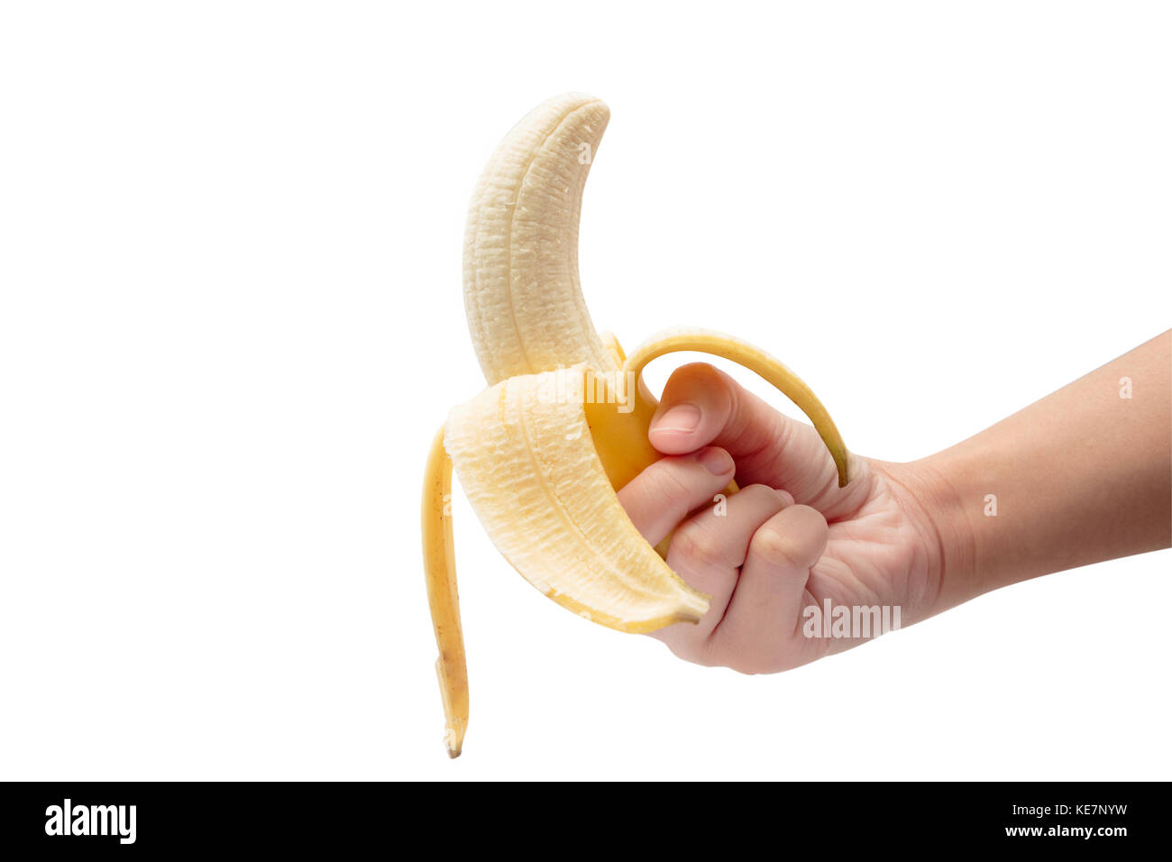 Hand holding peeled banana isolated on white background Stock Photo - Alamy