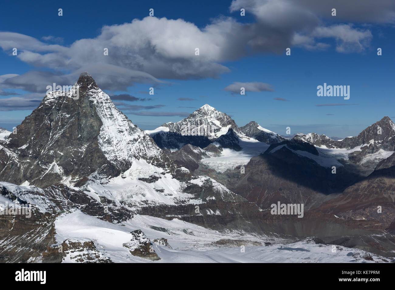 Winter panorama of mount Matterhorn covered with clouds, Canton of ...
