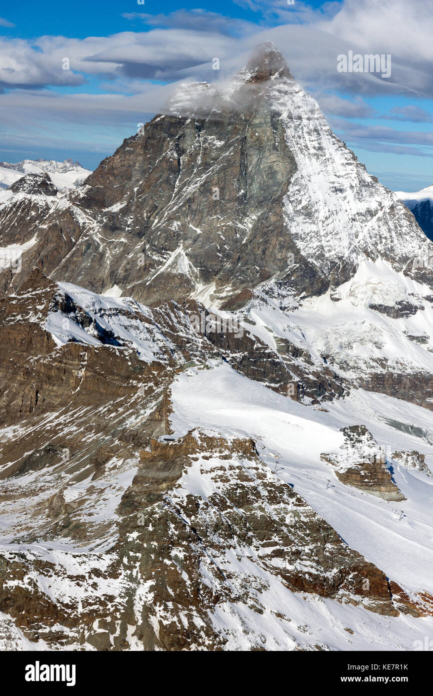 Winter panorama of mount Matterhorn covered with clouds, Canton of ...