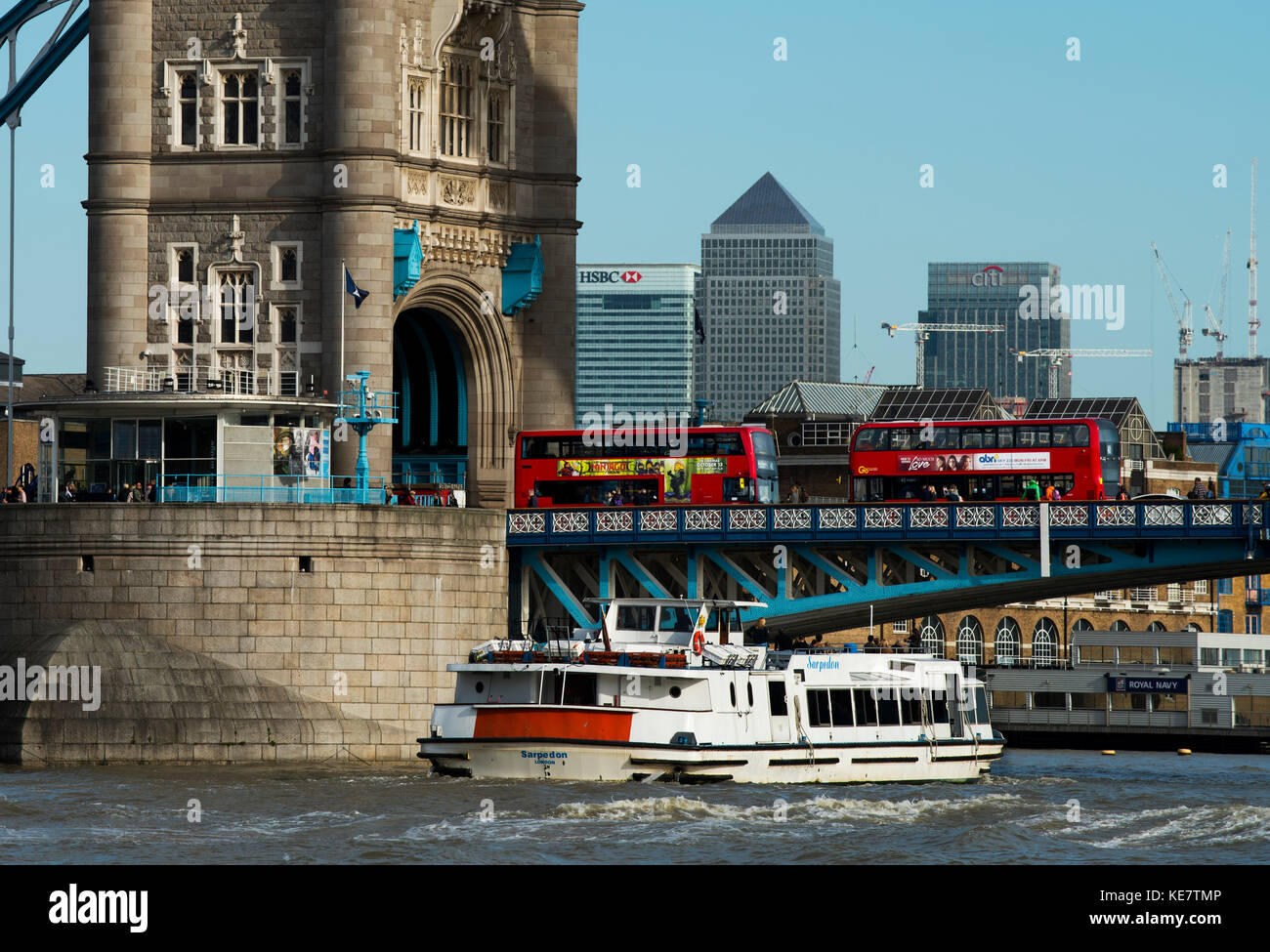Tower Bridge across the River Thames in London England. Oct 2017 Red ...