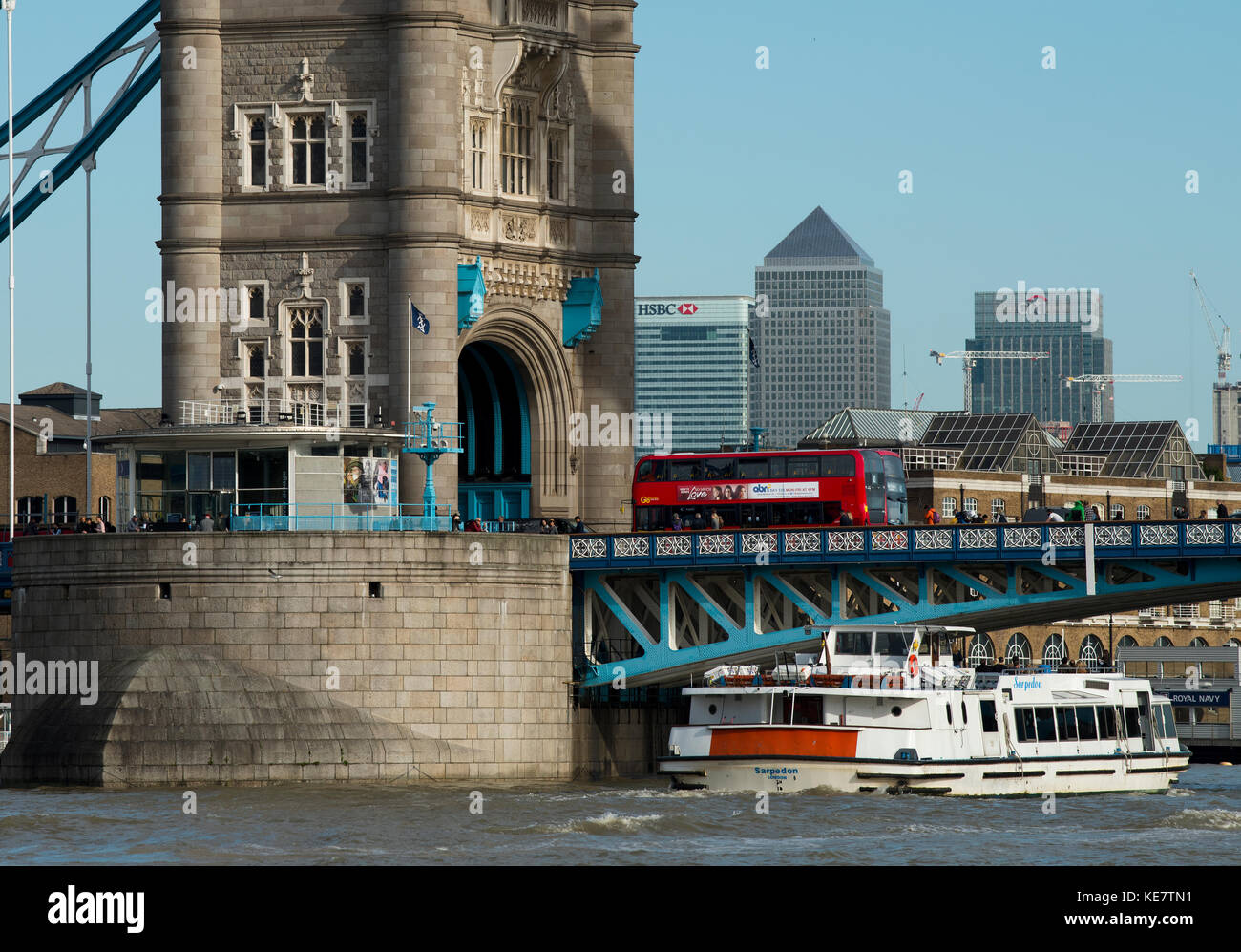 Tower Bridge across the River Thames in London England. Oct 2017 Red ...