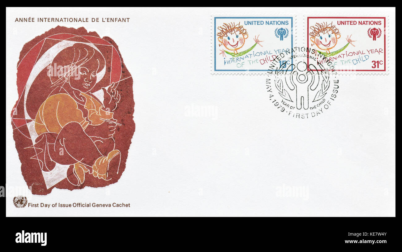 First day cover letter printed by United nations, that shows children ...