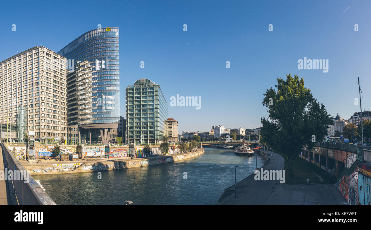 Vienna, Austria - September 30, 2017: Wide angle view of the Danube ...