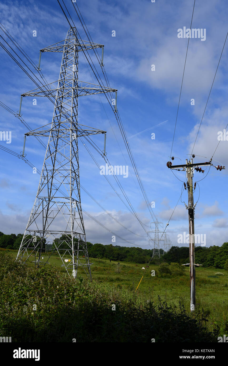Wide angle shots of electricity and telephone communications pole ...