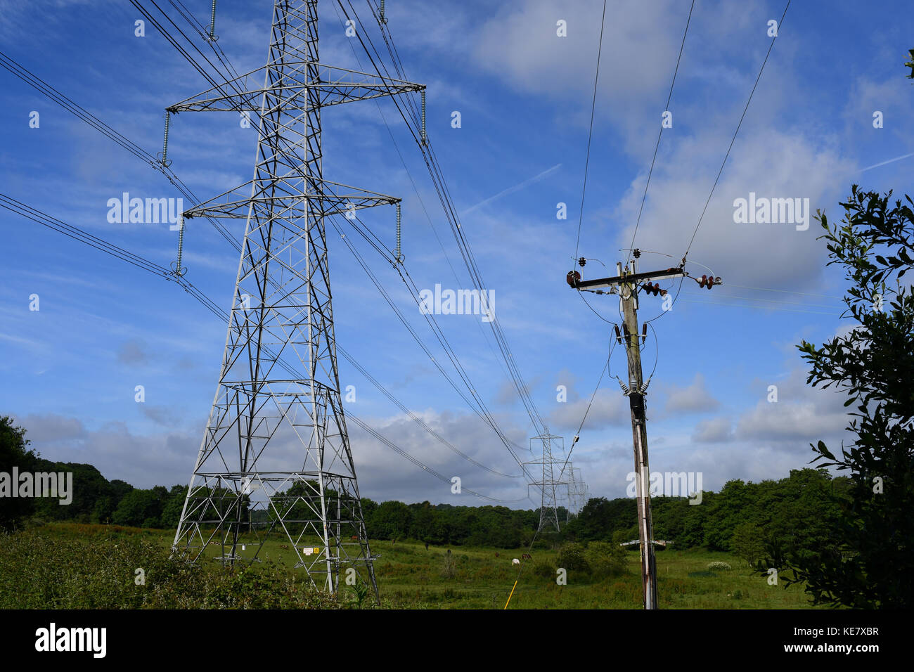 Wide angle shots of electricity and telephone communications pole ...