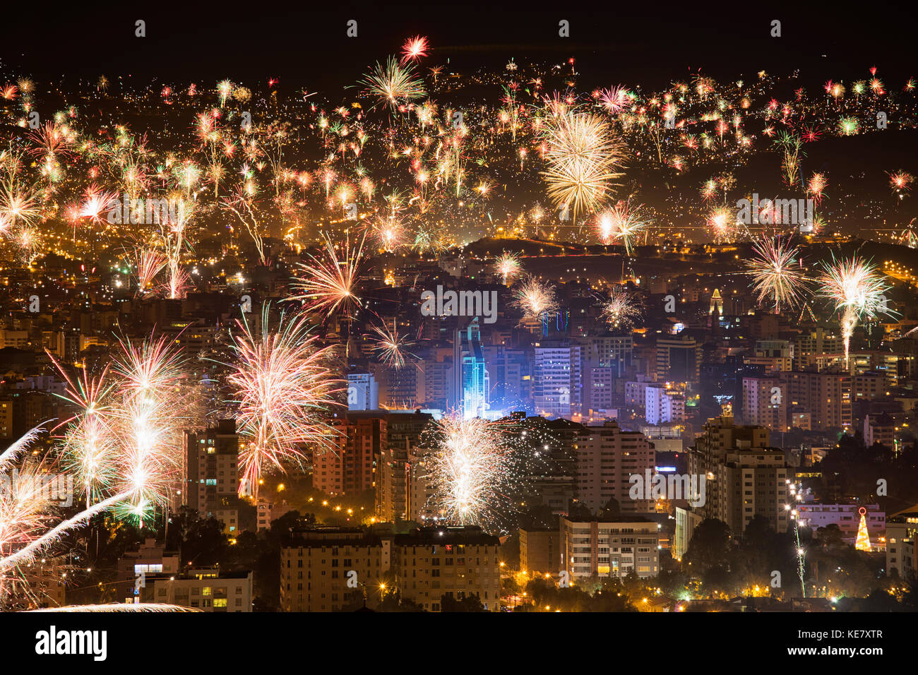 Fireworks Over The City Of Cochabamba At New Years; Cochabamba, Bolivia ...