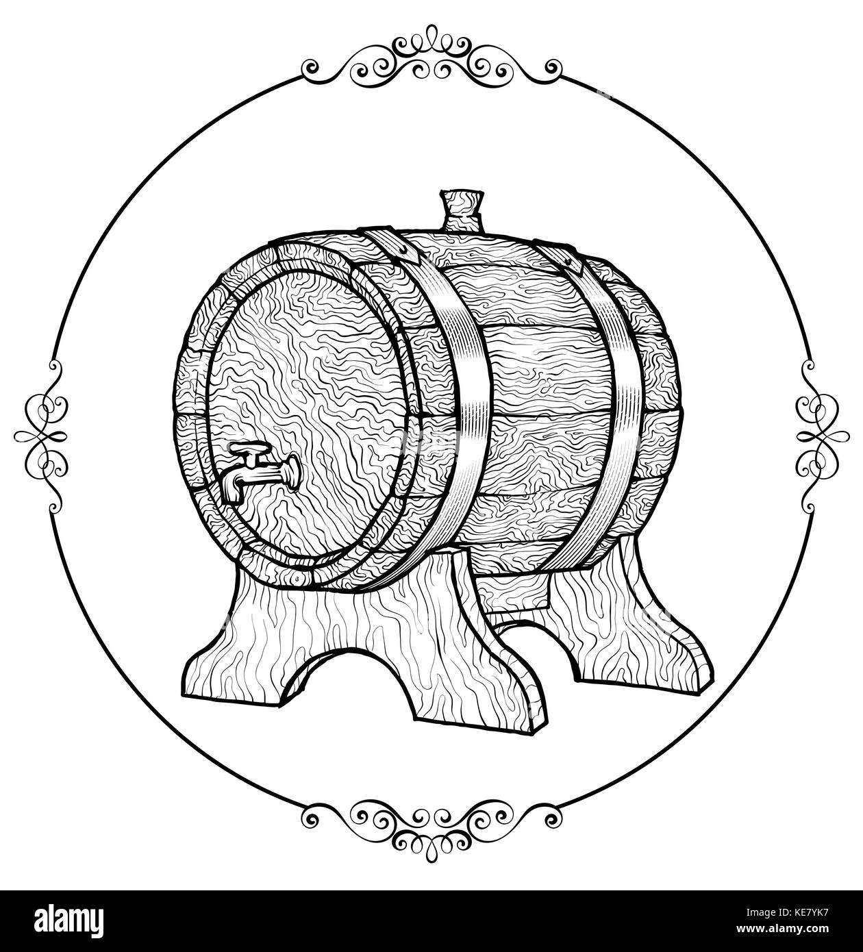 Vector Sketch Illustration of a wooden wine barrel with the faucet in ...