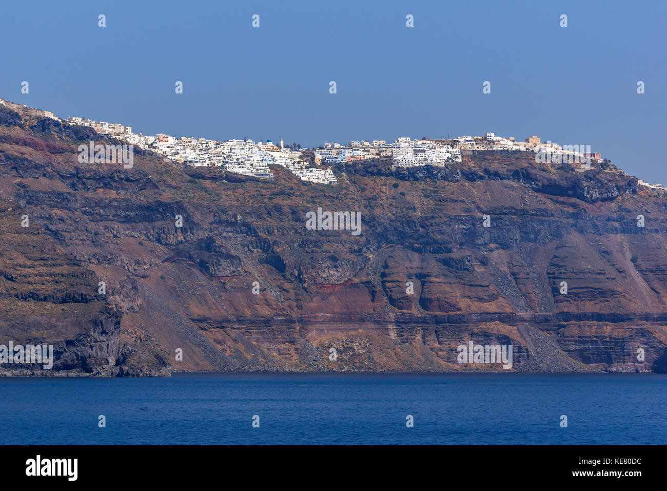View of Palea Kameni island from volcano in Nea Kameni near Santorini ...
