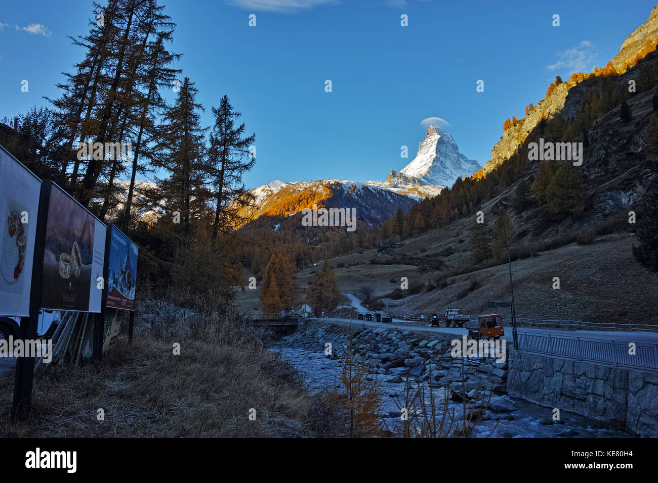 First Rays of Sun over Matterhorn peak, view from Zermatt, Canton of ...