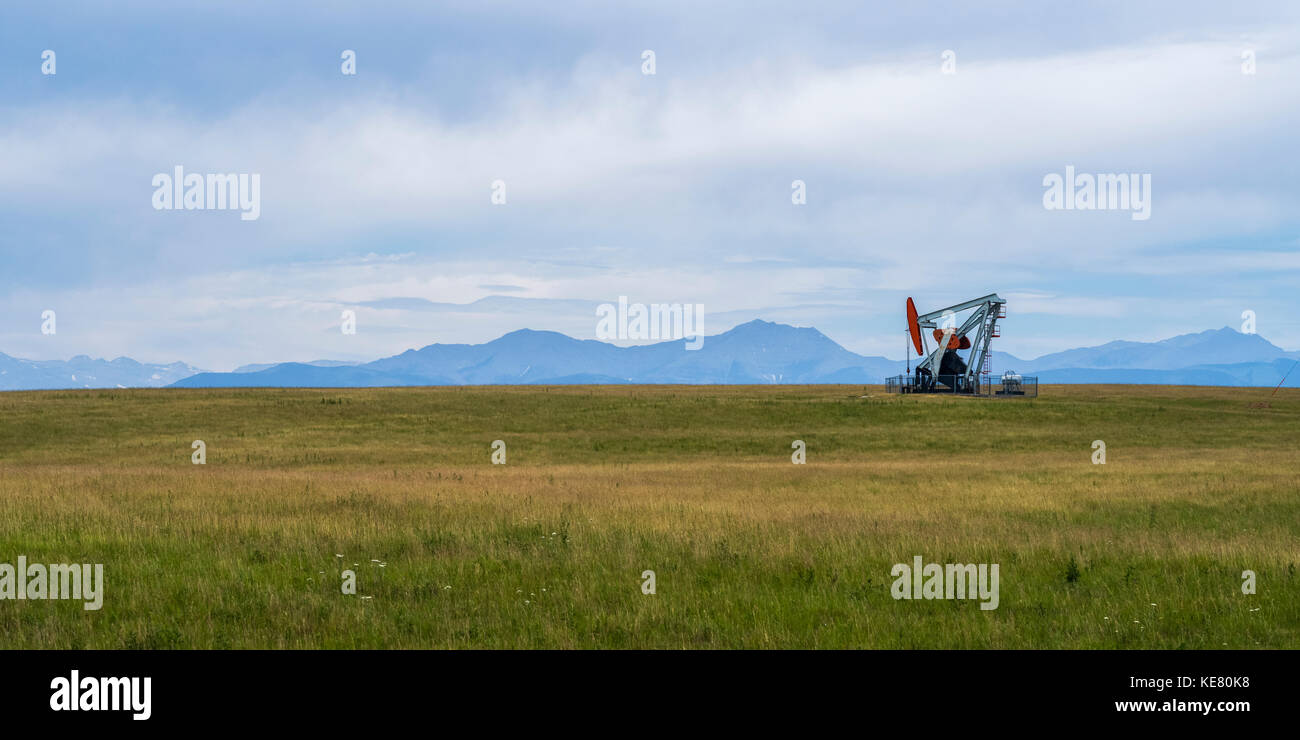 A pump jack at an oil well in a grass field with the Canadian Rocky ...