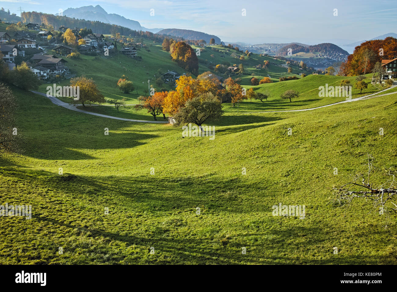 Amazing Autumn Landscape of typical Switzerland village near town of ...