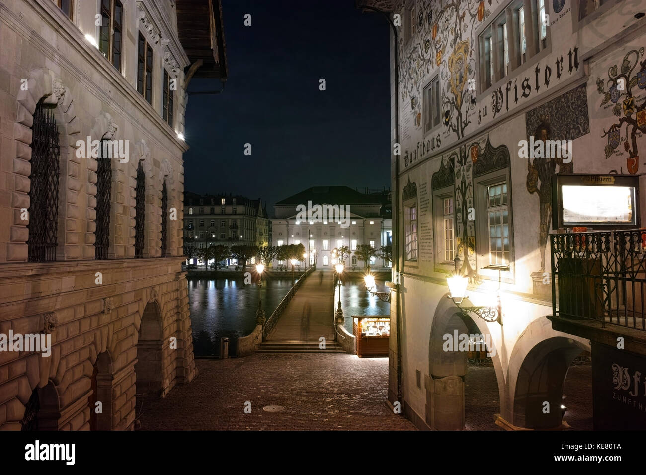 Panoramic Night photo of old town of City of Lucern and Reuss River ...