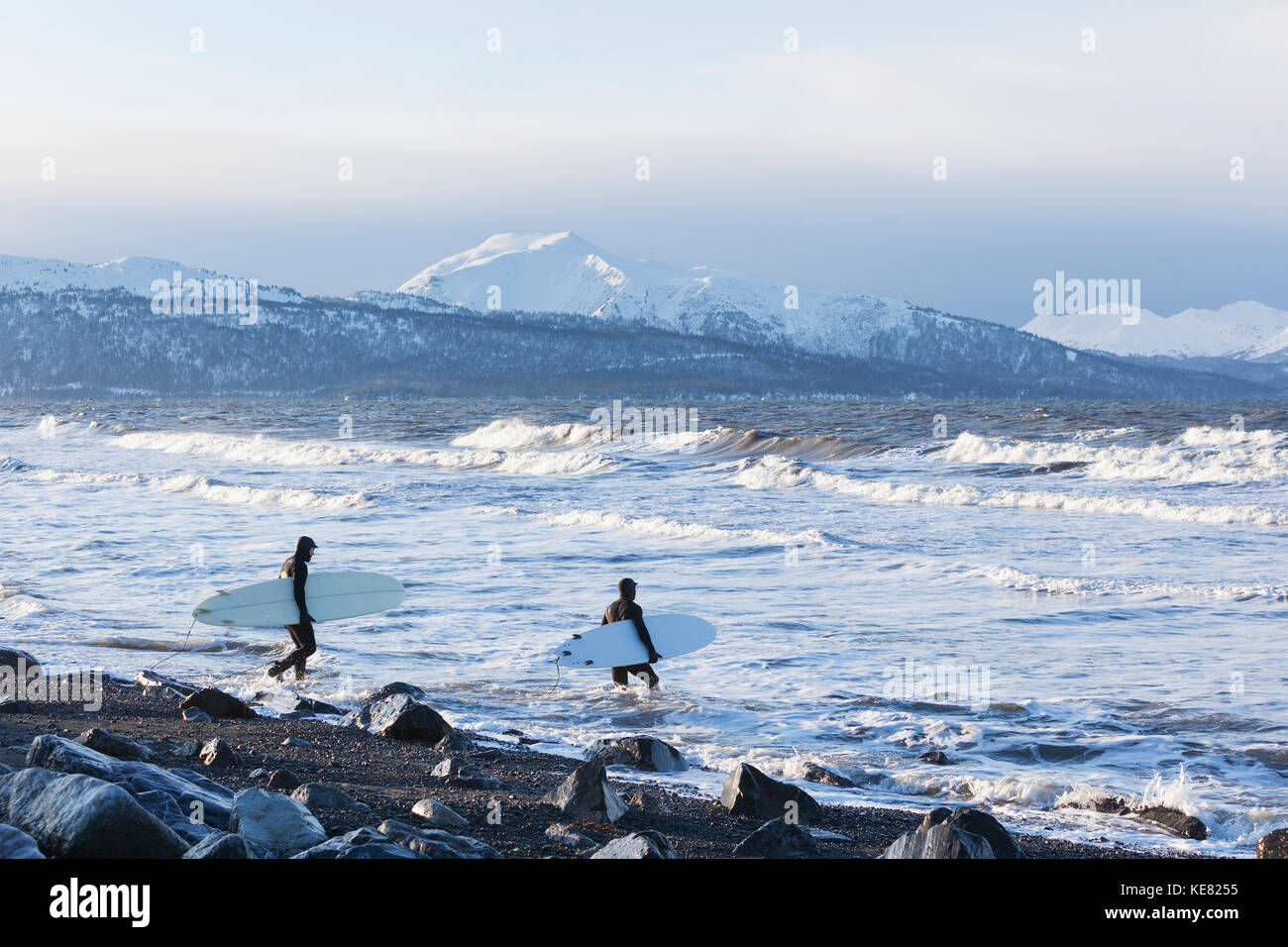 Surfers Entering Kachemak Bay Along Homer Spit, Southcentral Alaska ...