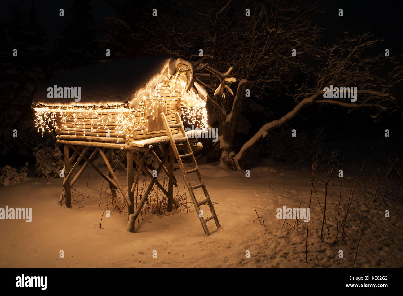 Log Cache Decorated And Lit With Christmas Lights, Alaska, USA Stock ...