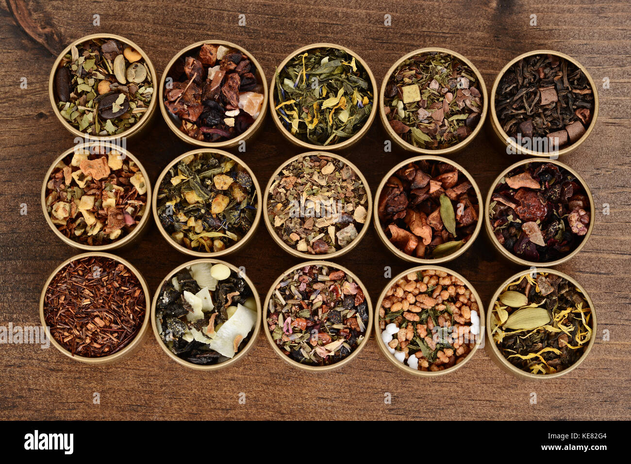 top view organic herbal tea in tins Stock Photo - Alamy
