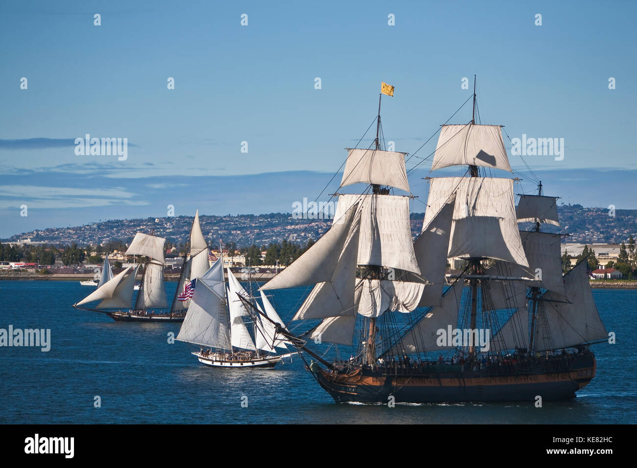 Tall Sailing Ships Lynx, Amazing Grace, and HMS Surprise under full ...