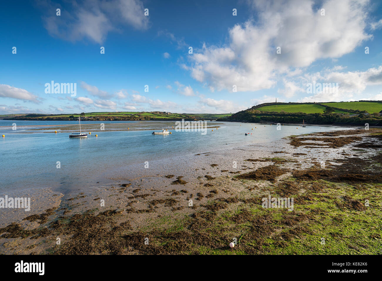 Boats on the Camel estuary near Padstow in Cornwall, looking out to the ...