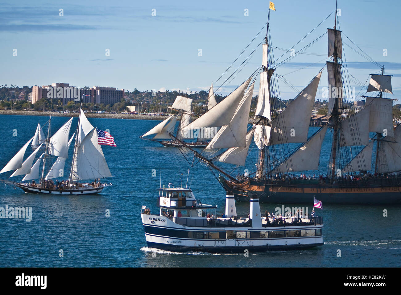 Tall Sailing Ships Amazing Grace, Lynx and HMS Surprise under full sail ...