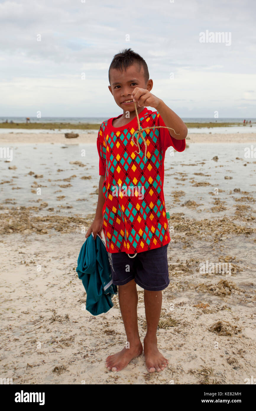 Young Boy Holds A Brittle Sea Star Out Of The Water; Anda, Bohol ...