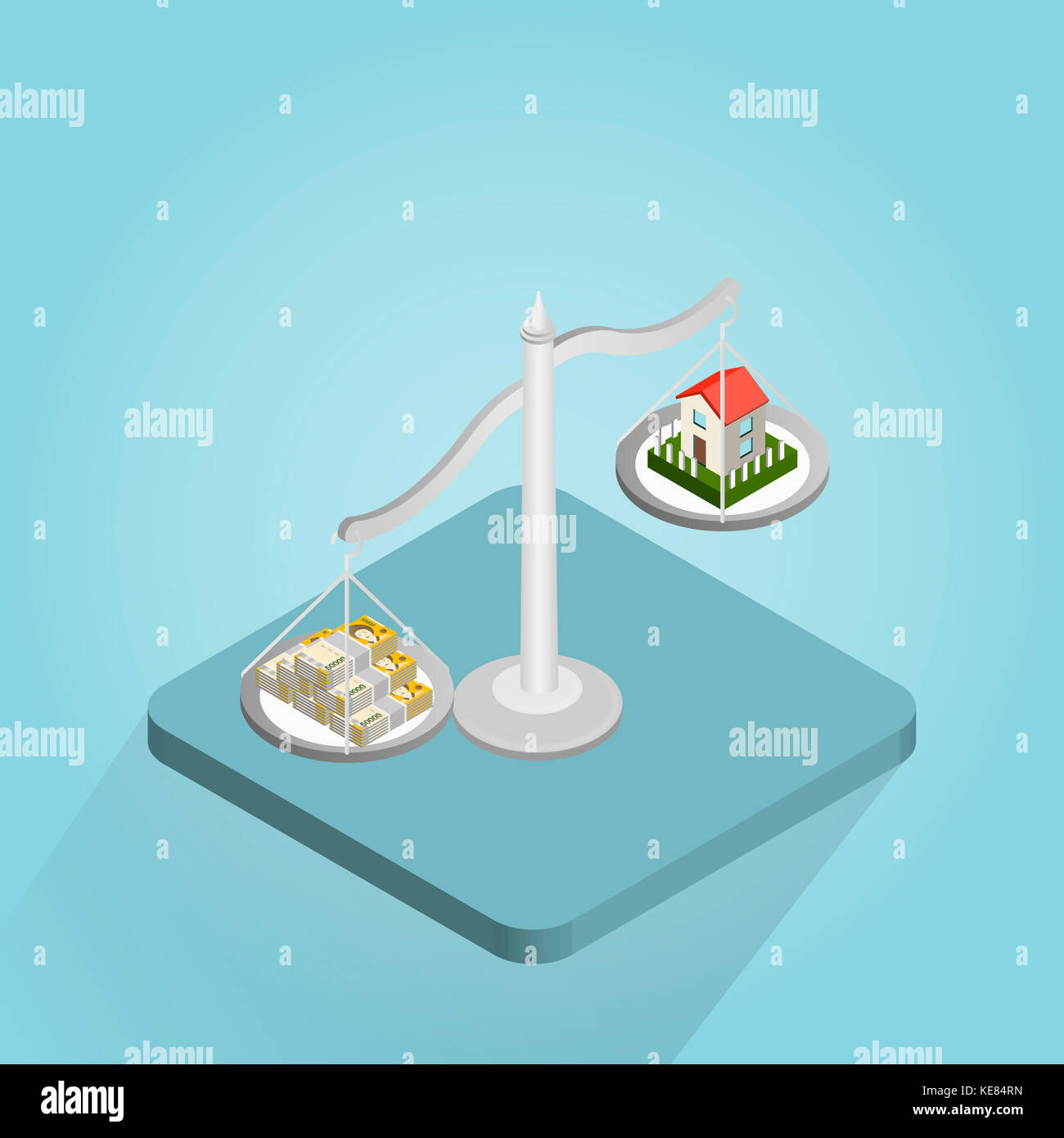 Balanced scales with stacked money and house Stock Photo - Alamy