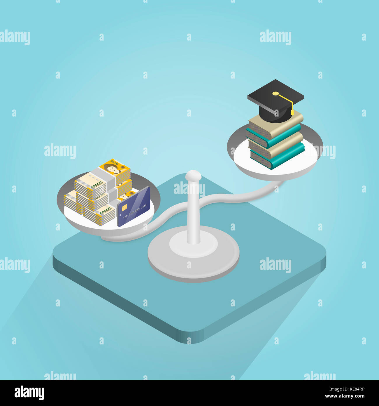 Balanced scale with stacked books and stacked money Stock Photo - Alamy