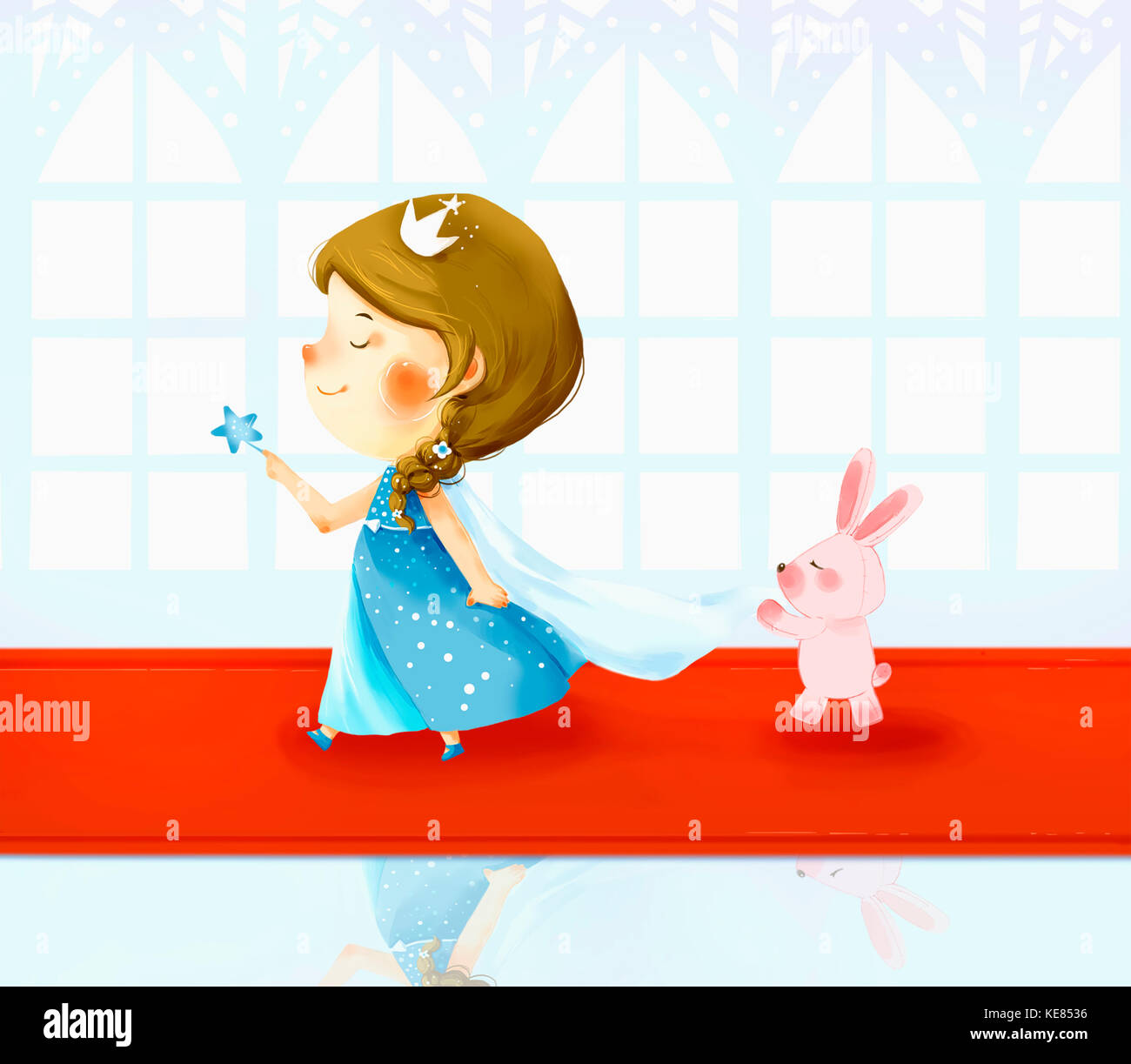 Smiling.girl and a rabbit walking on red carpet Stock Photo - Alamy