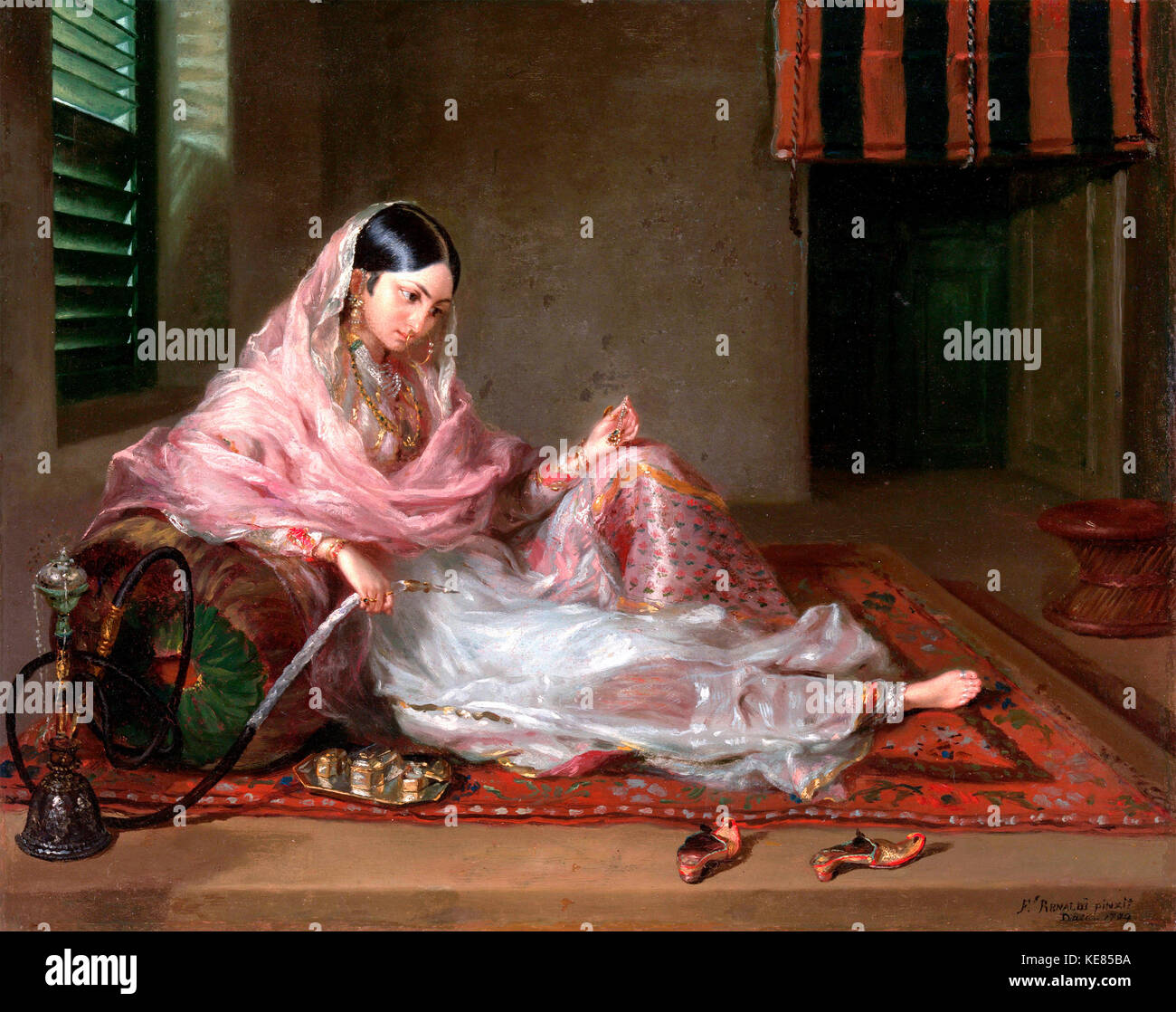 Muslim Lady Reclining or An Indian Girl with a Hookah, painted by ...
