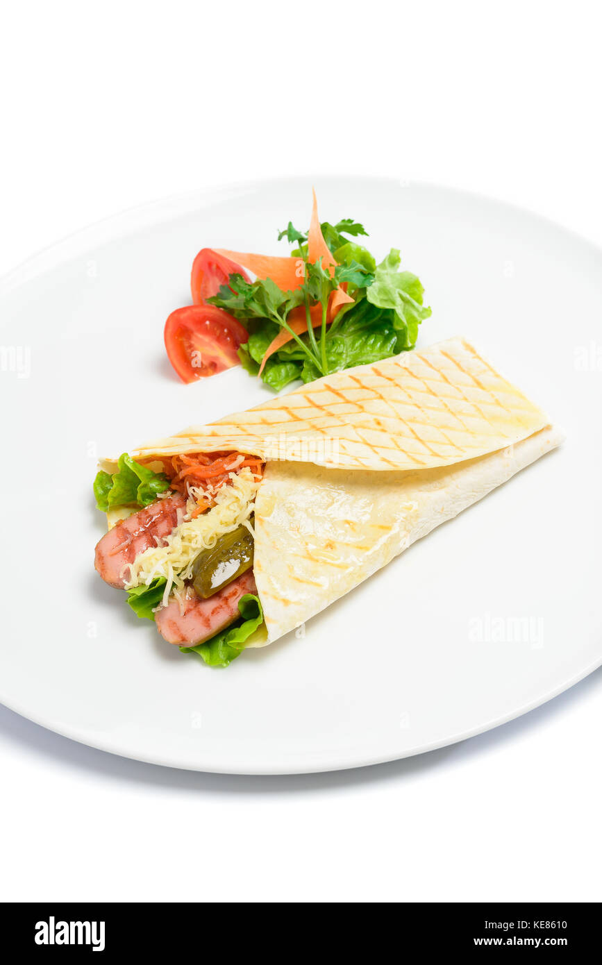 Bread envelope with sausages isolated on white Stock Photo - Alamy