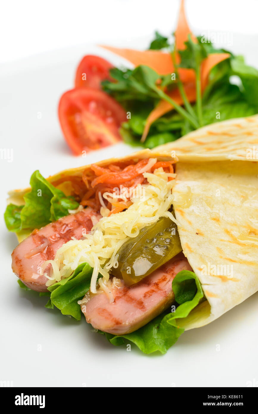 Bread envelope with sausages isolated on white Stock Photo - Alamy