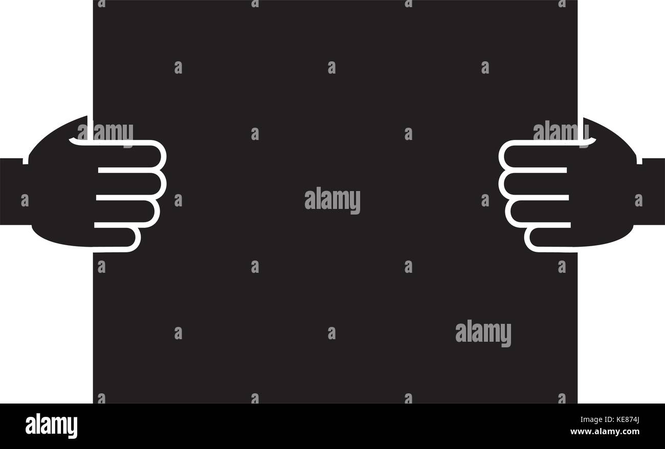 hands holding paper icon, vector illustration, black sign on isolated ...