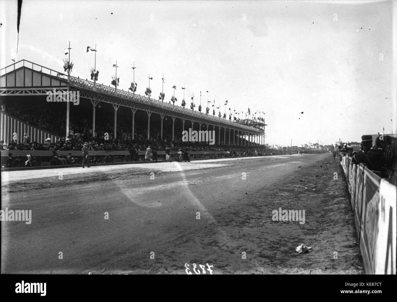 This photograph captures the grandstands at the 1908 French Grand Prix ...
