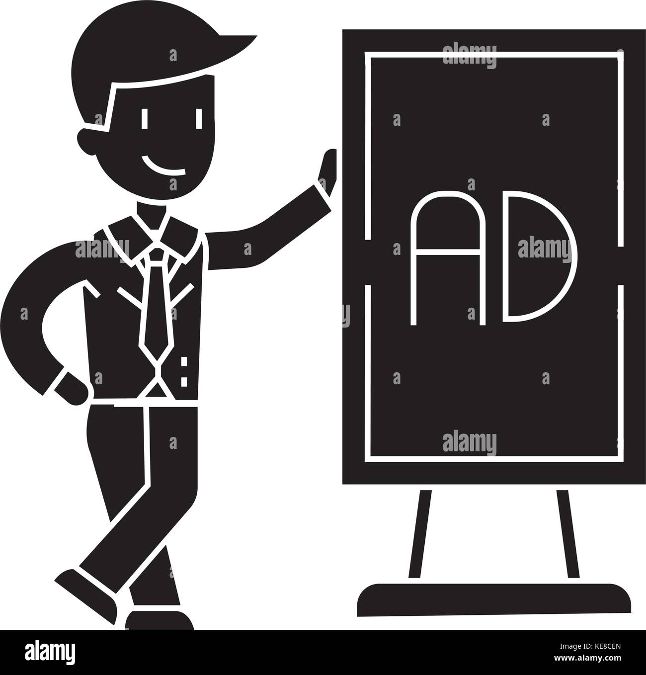 businessman leaning man stand icon, vector illustration, black sign on ...