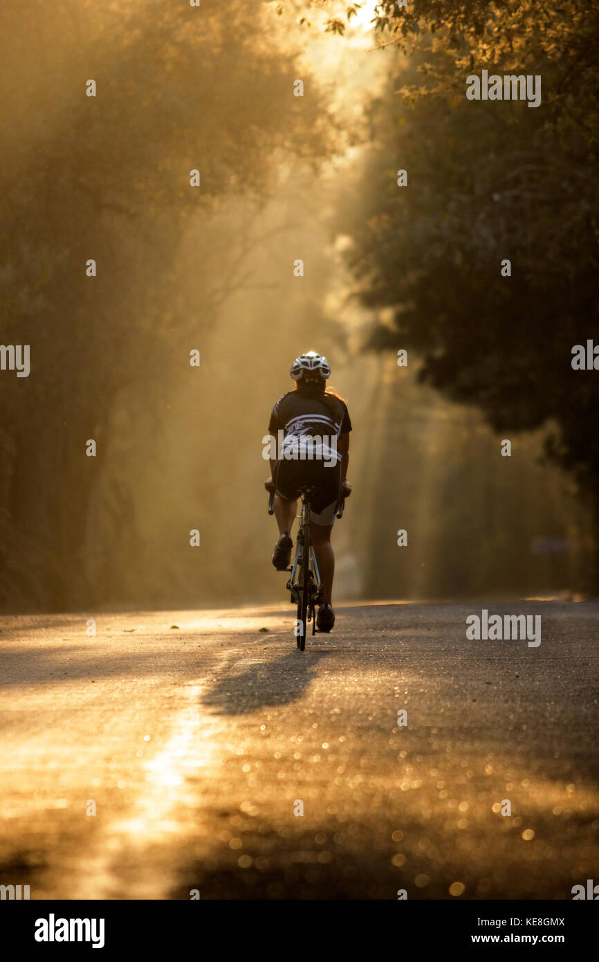 vertical photo of a female cyclist riding a road bike during sunset in ...