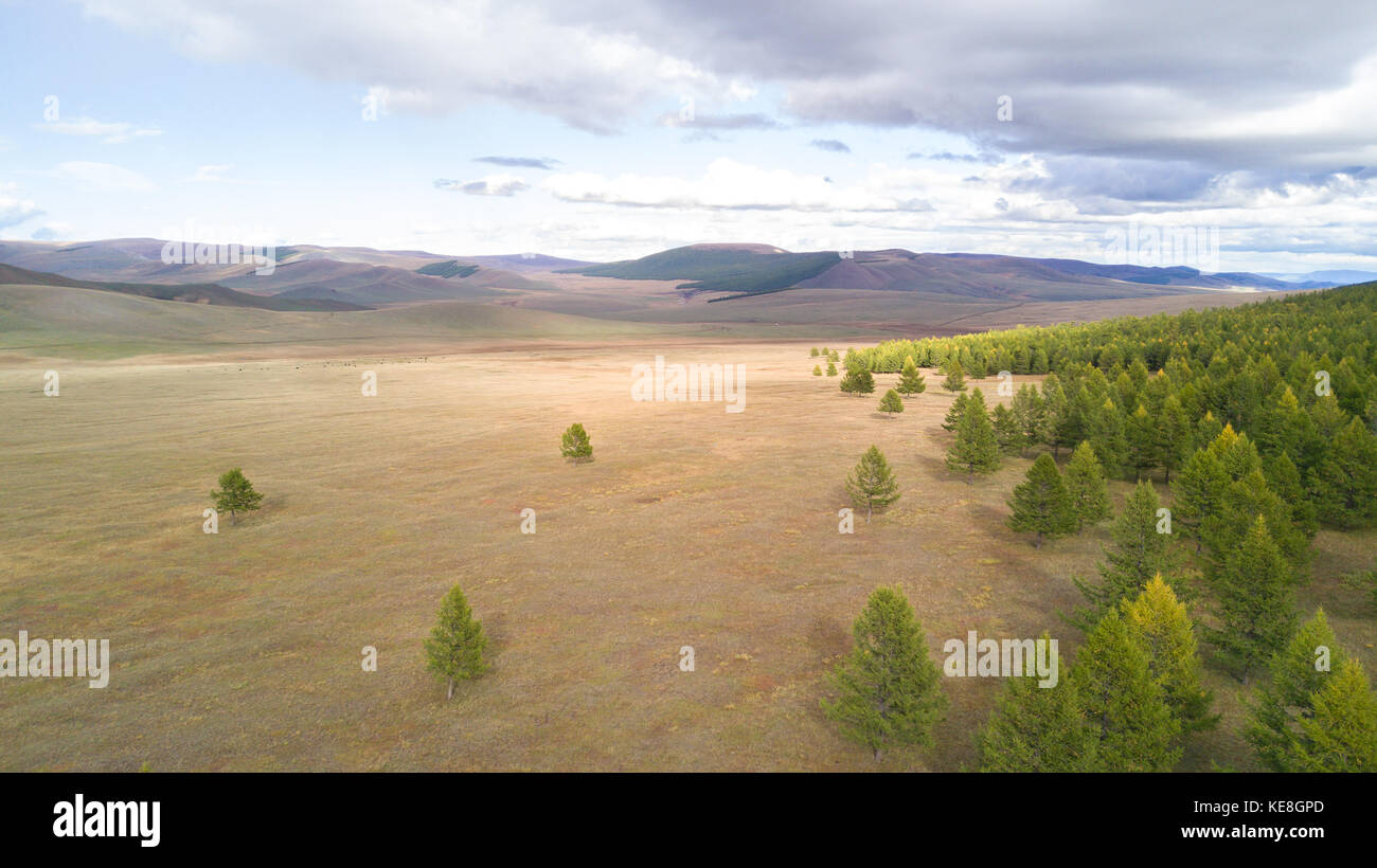 Aerial view from a drone of a vast mountain landscape in northern ...