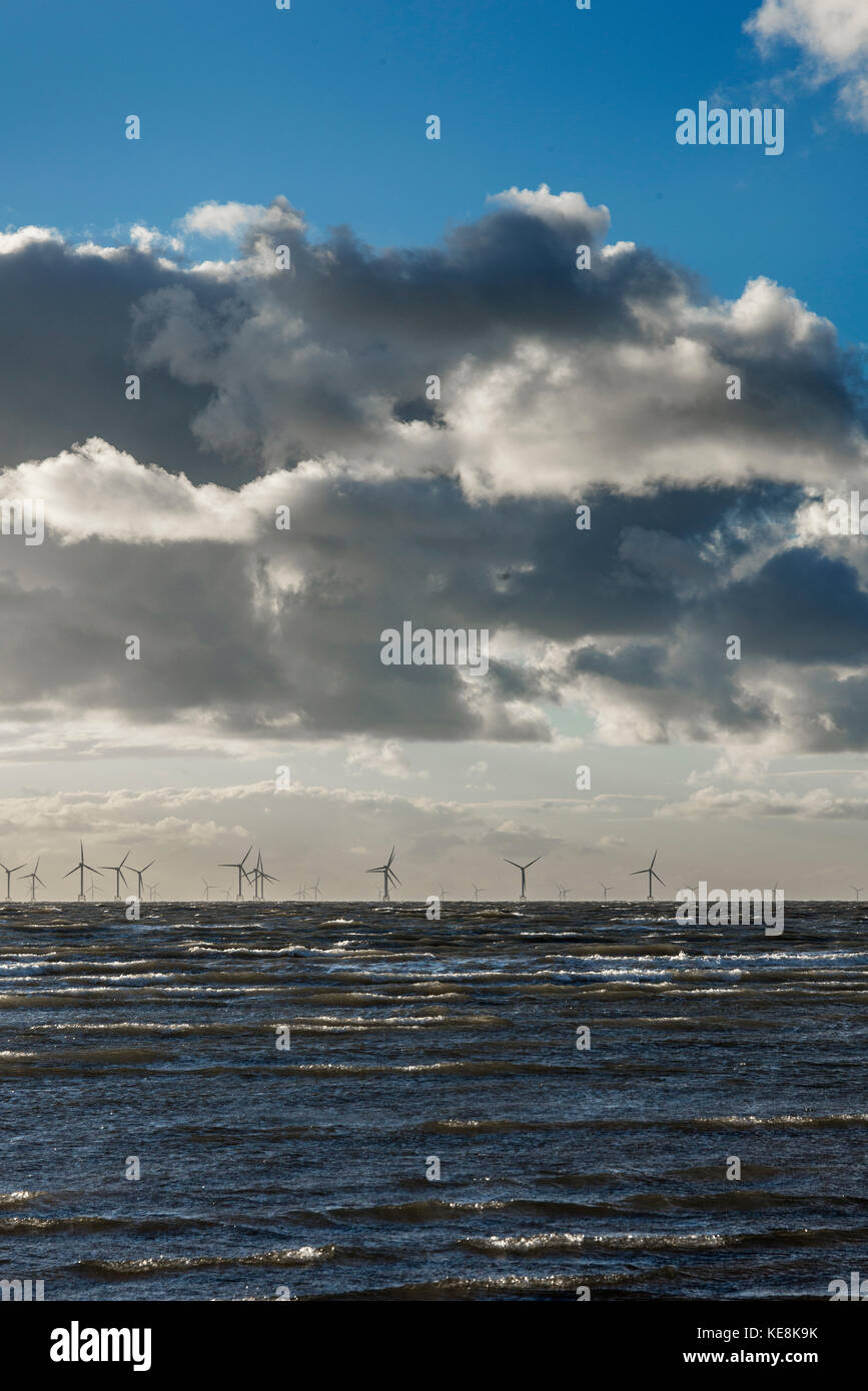 Offshore wind Farm viewed from the sea shore at Sandy Gap Lane, Walney ...