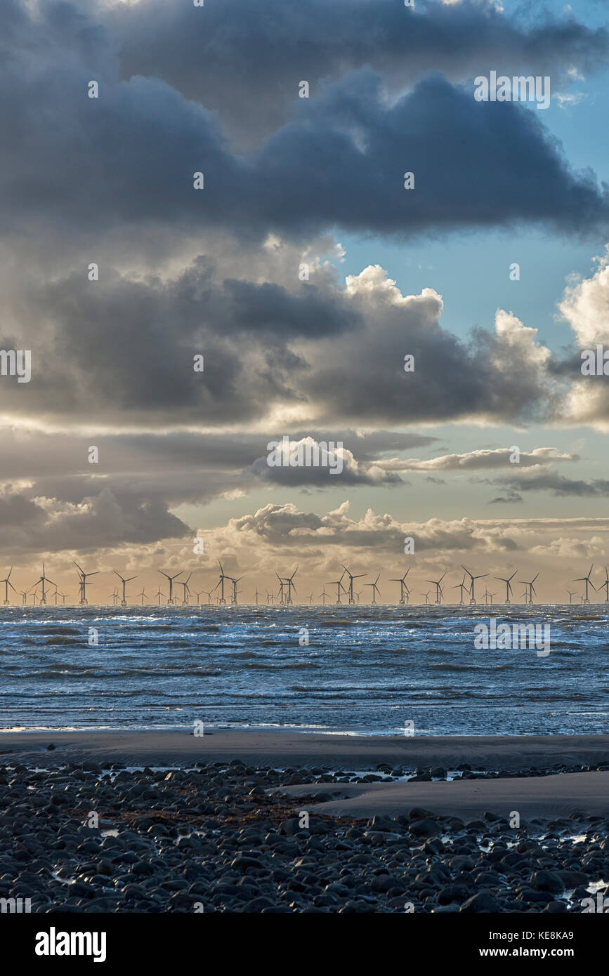 Offshore wind Farm viewed from the sea shore at Sandy Gap Lane, Walney ...