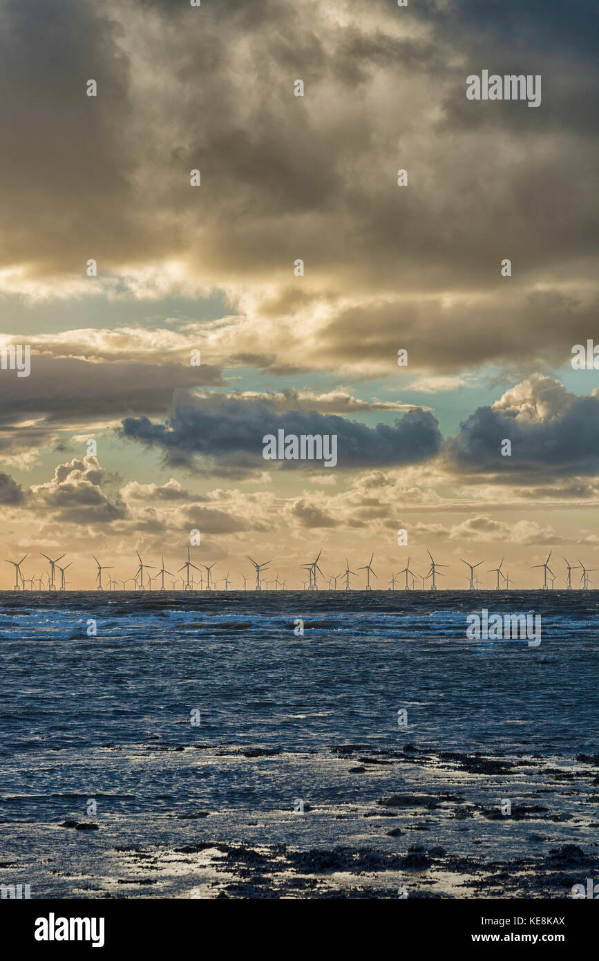Offshore wind Farm viewed from the sea shore at Sandy Gap Lane, Walney ...